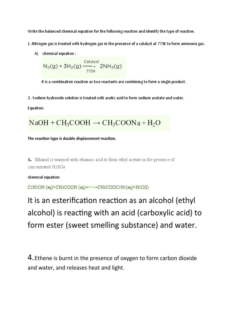 Write The Balanced Chemical Equation For The Following Reaction And