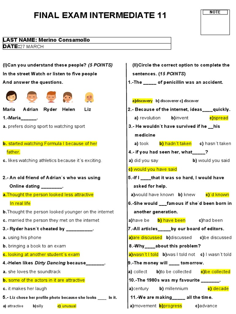 FINAL EXAM INTERMEDIATE 11 (Adriano Merino) | PDF