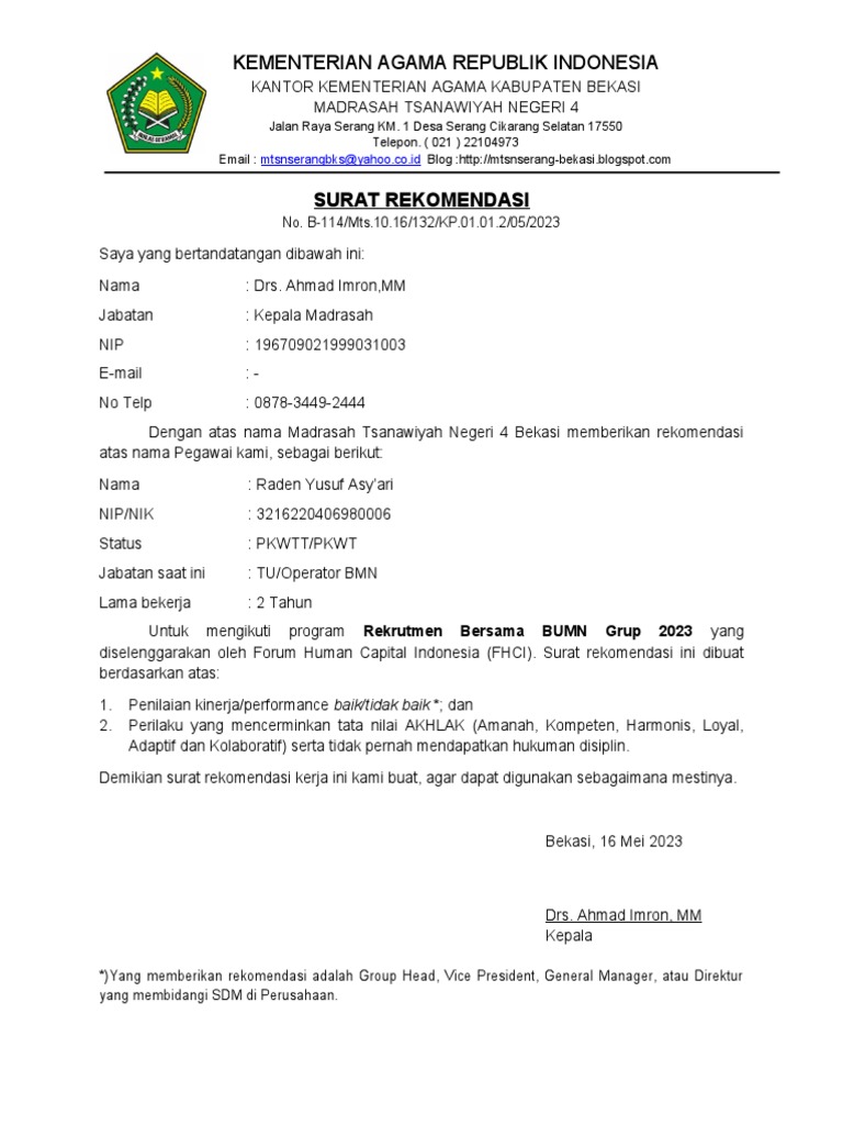 Template Surat Rekomendasi | PDF
