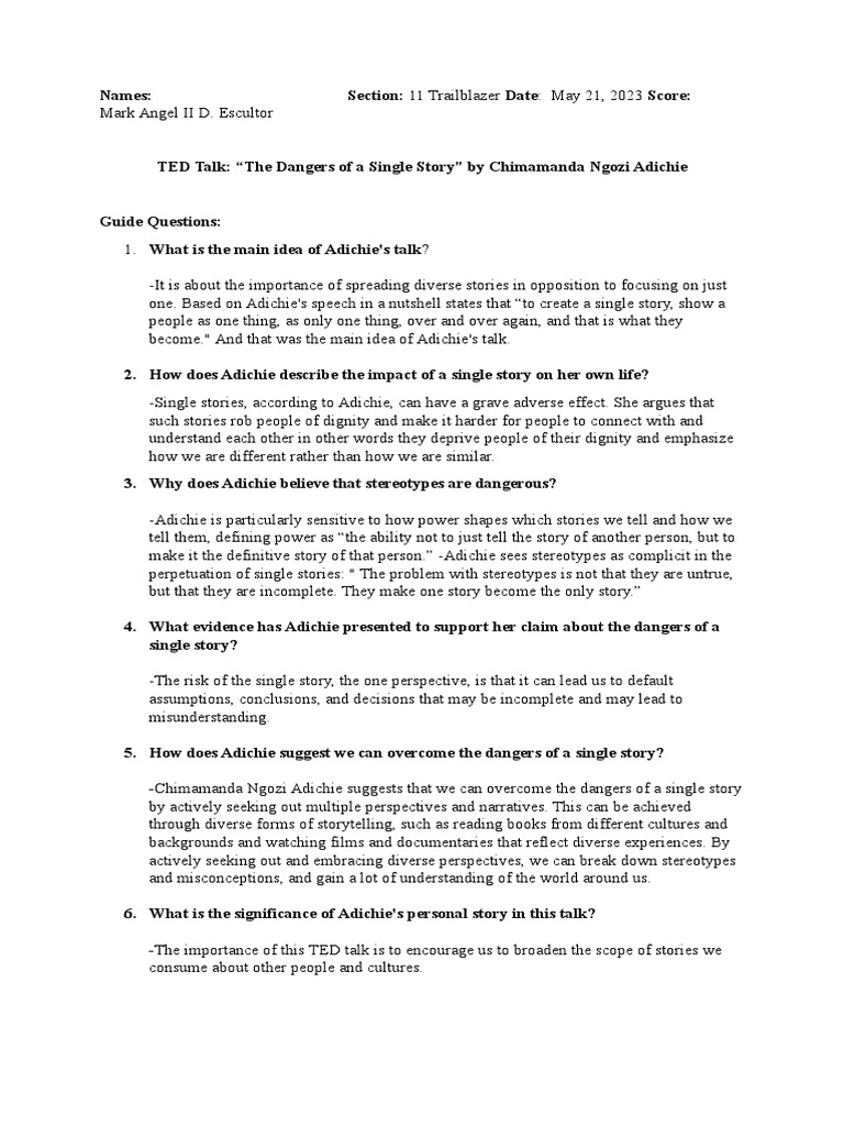 The Dangers of a Single Story Explained | PDF | Stereotypes | Narrative
