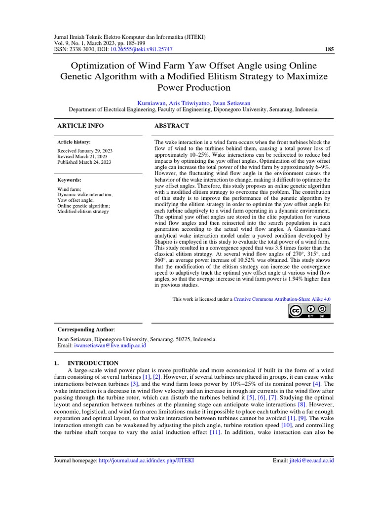 Optimization Of Wind Farm Yaw Offset Angle Using Online Genetic