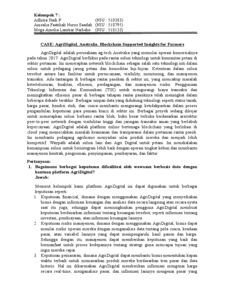 Tugas Kelompok 2 - Sesi 8 - Case AgriDigital, Australia. Blockchain Supported Insights For ...