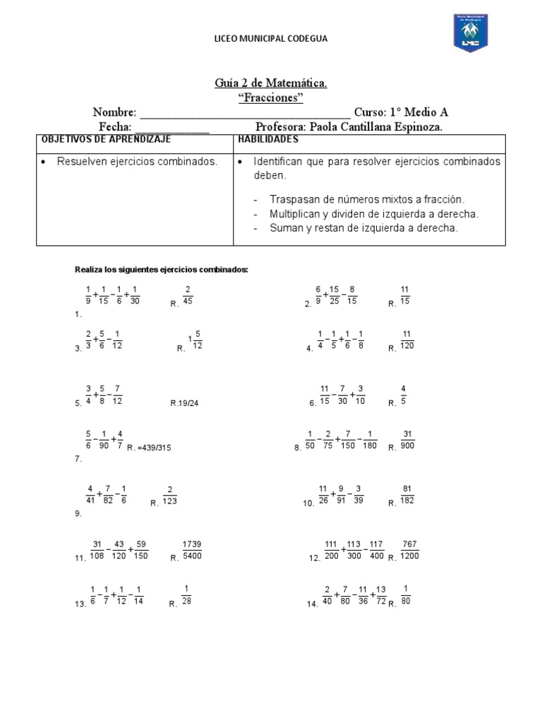 Guía 2 de Operaciones Fracciones (Ejercicios Combinados) | PDF