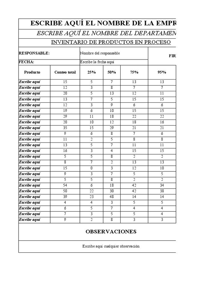 Formato de Inventario de Productos en Proceso en Excel | PDF