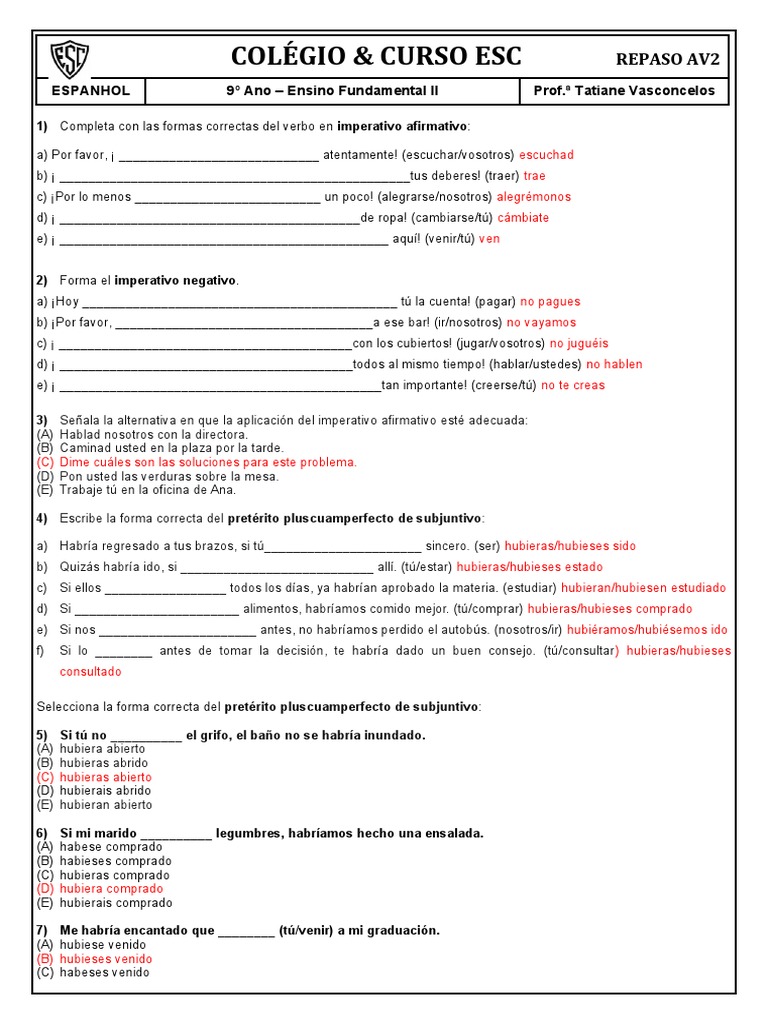 Repaso Av2 Espanhol 9ºano Tatiane Gabarito | PDF | Mecánica del ...