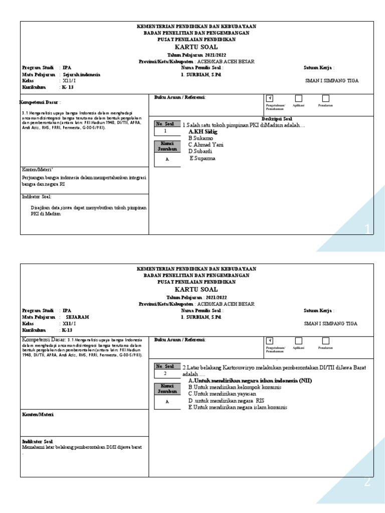 Kartu Soal Uas | PDF