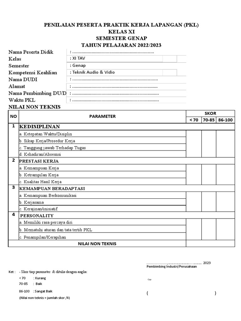 Form Penilaian PKL 2023 | PDF
