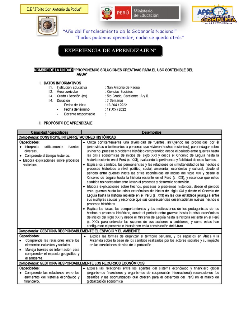 Experiencia de Aprendizaje N 02 5to Grado | PDF | Perú | Desarrollo sostenible