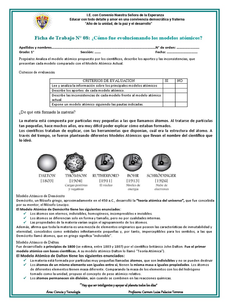 Ficha de Trabajo #08 Como Fue Evolucionando Los Modelos Atomicos | PDF | Átomos | Electrón