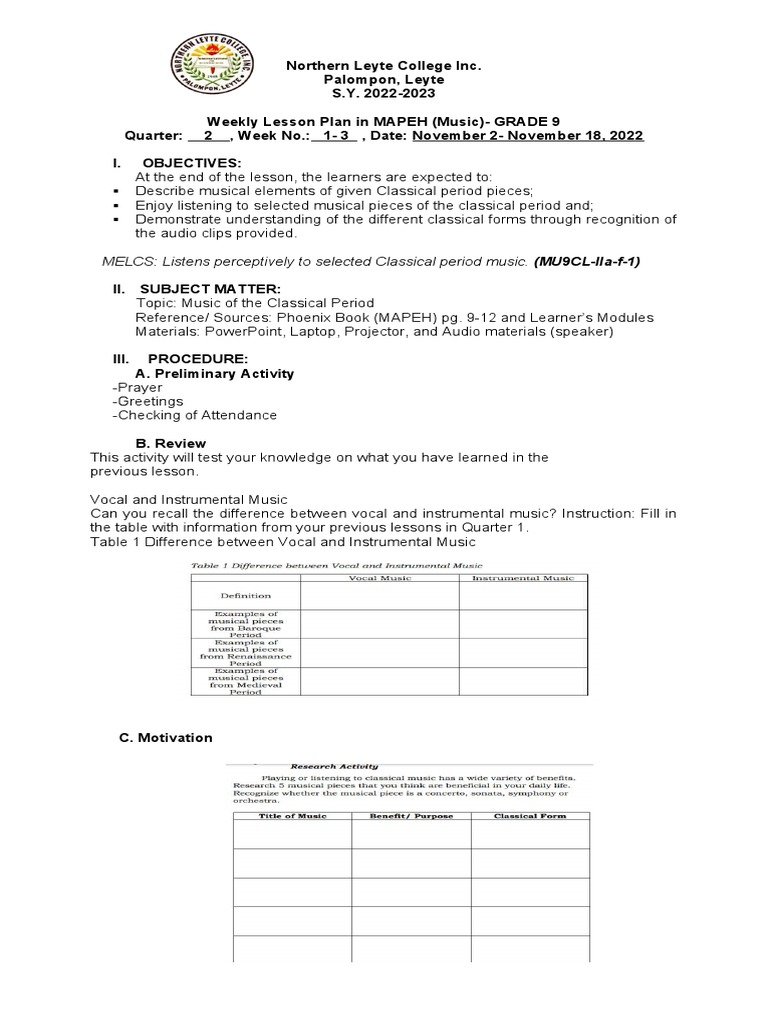 Lesson Plan Music 9 | PDF | Classical Period (Music) | Musical Forms