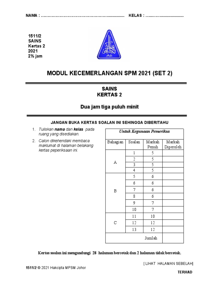 2.1 Sains Kertas 2 - Set 2 | PDF