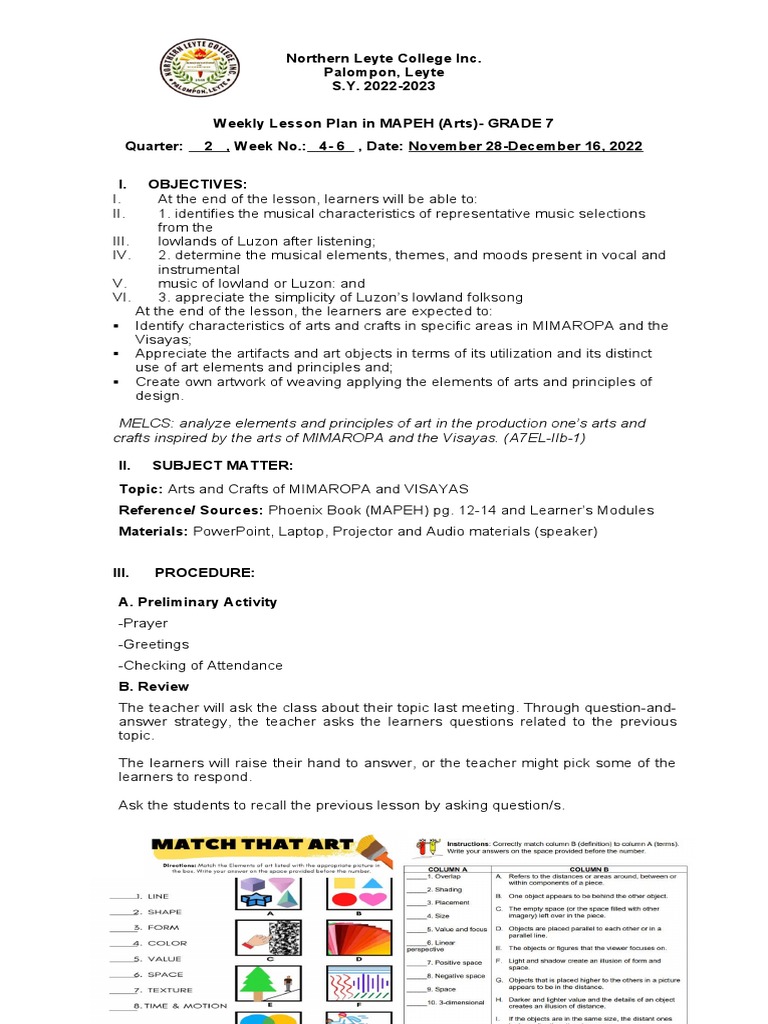 Lesson Plan Arts 7 | PDF | Textiles | Basket Weaving