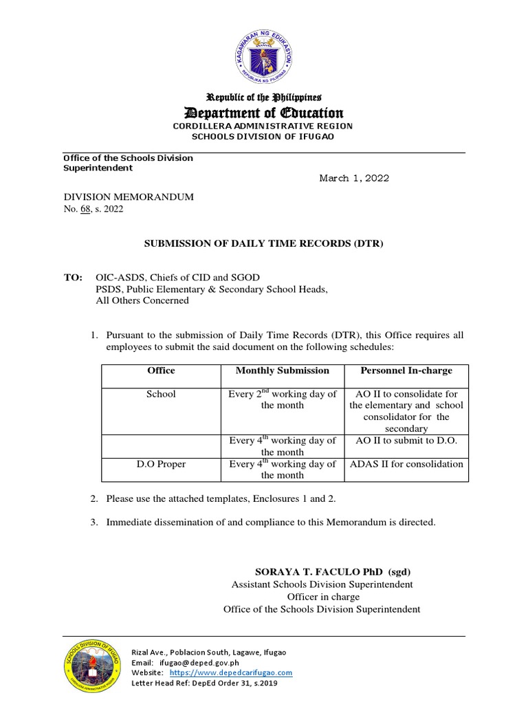 Memo On The Submission of DTR SH | PDF | Public Administration ...