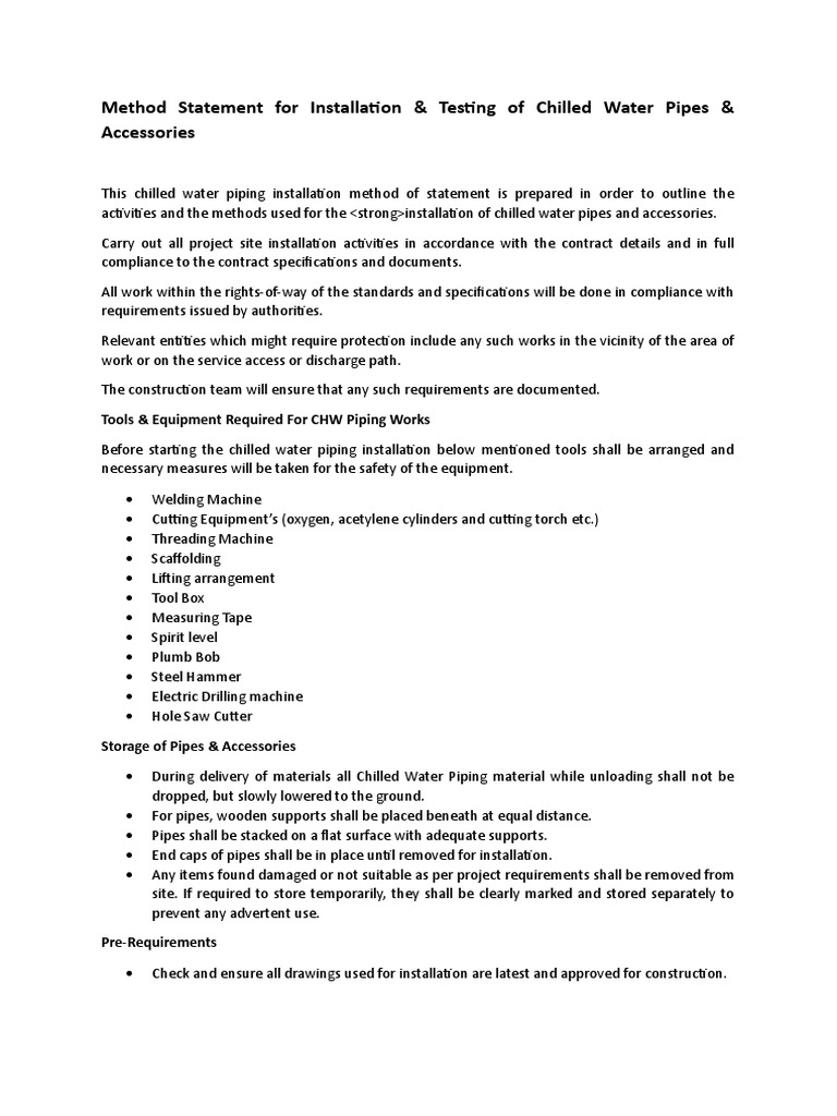Method Statement For Installation | PDF | Pipe (Fluid Conveyance) | Welding