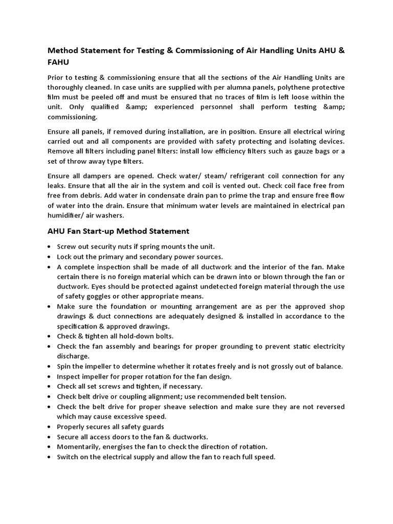 Method Statement For Testing & Commissioning of AHU | PDF | Duct (Flow ...