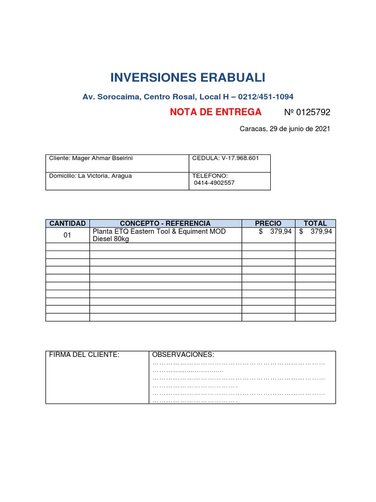 Modelo de Nota de Entrega | PDF