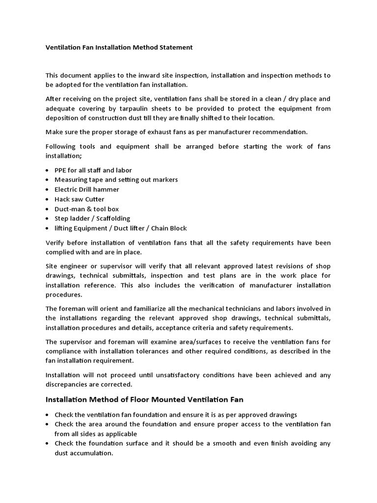 Ventilation Fan Installation Method Statement | PDF | Duct (Flow ...