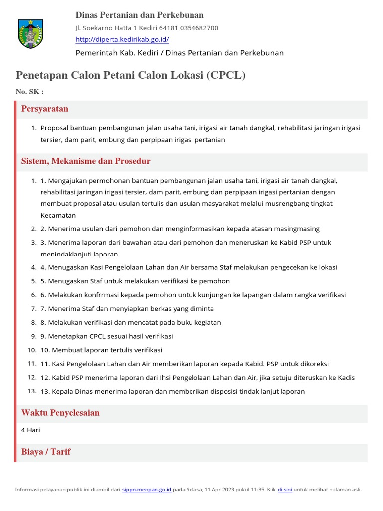 Unduh Standar Pelayanan - Penetapan Calon Petani Calon Lokasi (CPCL) | PDF