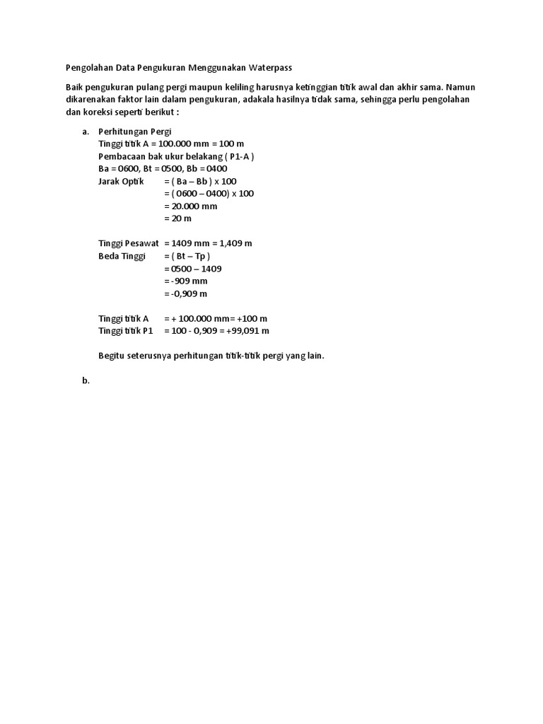 Pengolahan Data Pengukuran Menggunakan Waterpass | PDF