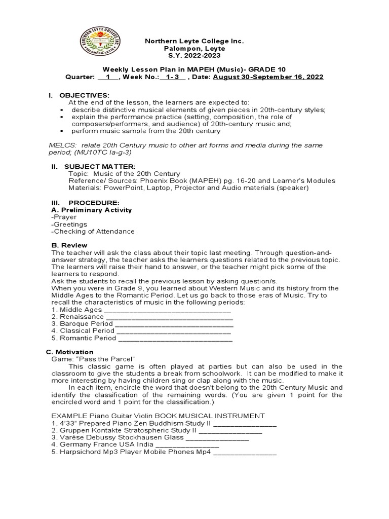 Lesson Plan Music 10 | PDF | Impressionism | Musical Compositions