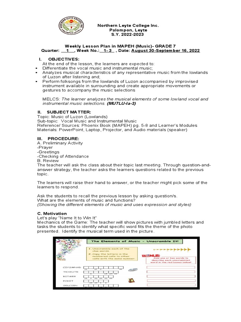 Lesson Plan Music 7 | PDF | Songs | Lesson Plan