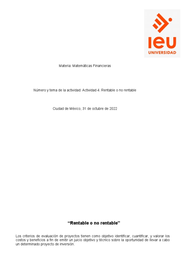 Actividad 4. Rentable o no rentable | PDF | Tasa interna de retorno ...