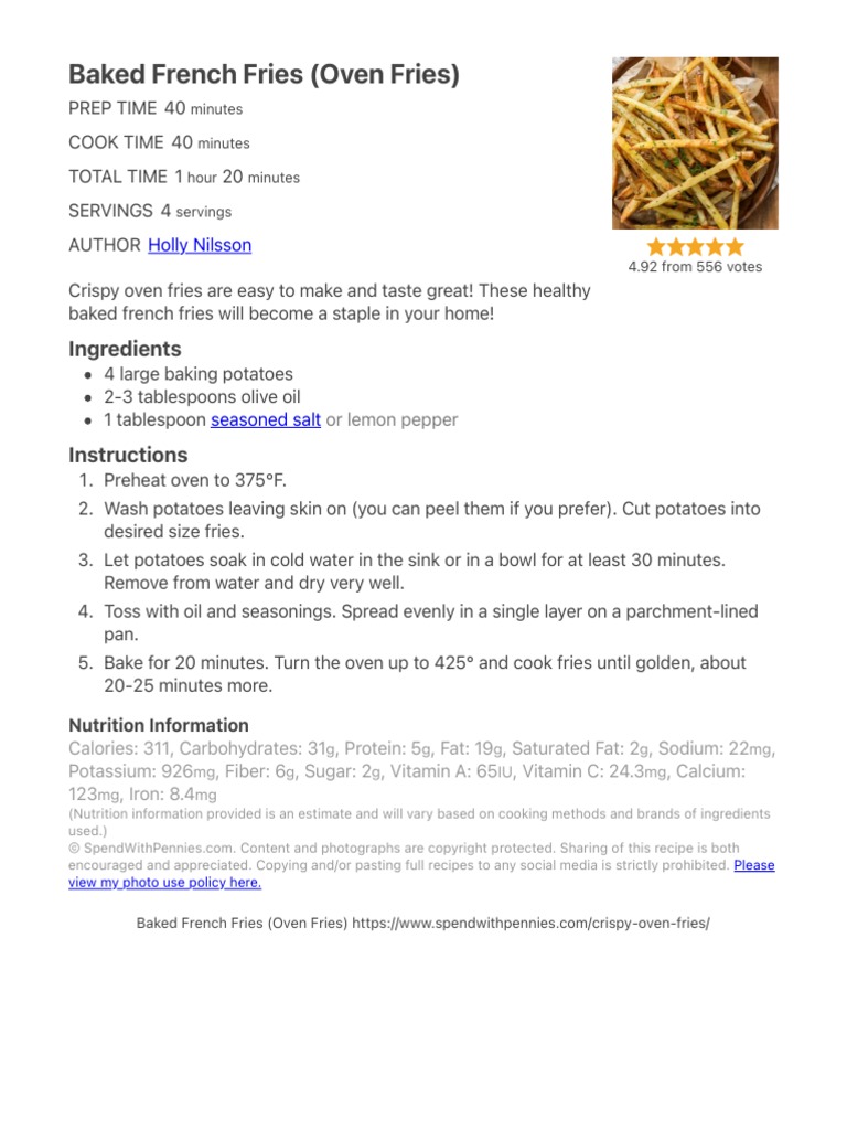 Crispy Baked French Fries Recipe | PDF