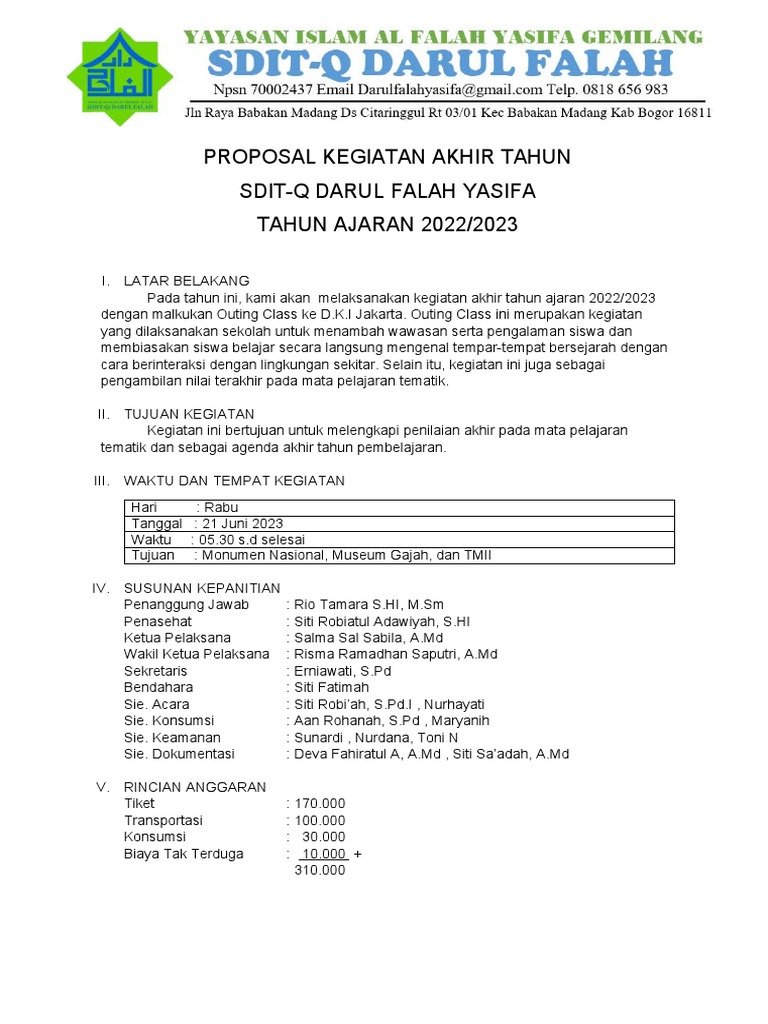 Proposal Outing Class SDIT Yasifa 2023 | PDF | Perjalanan