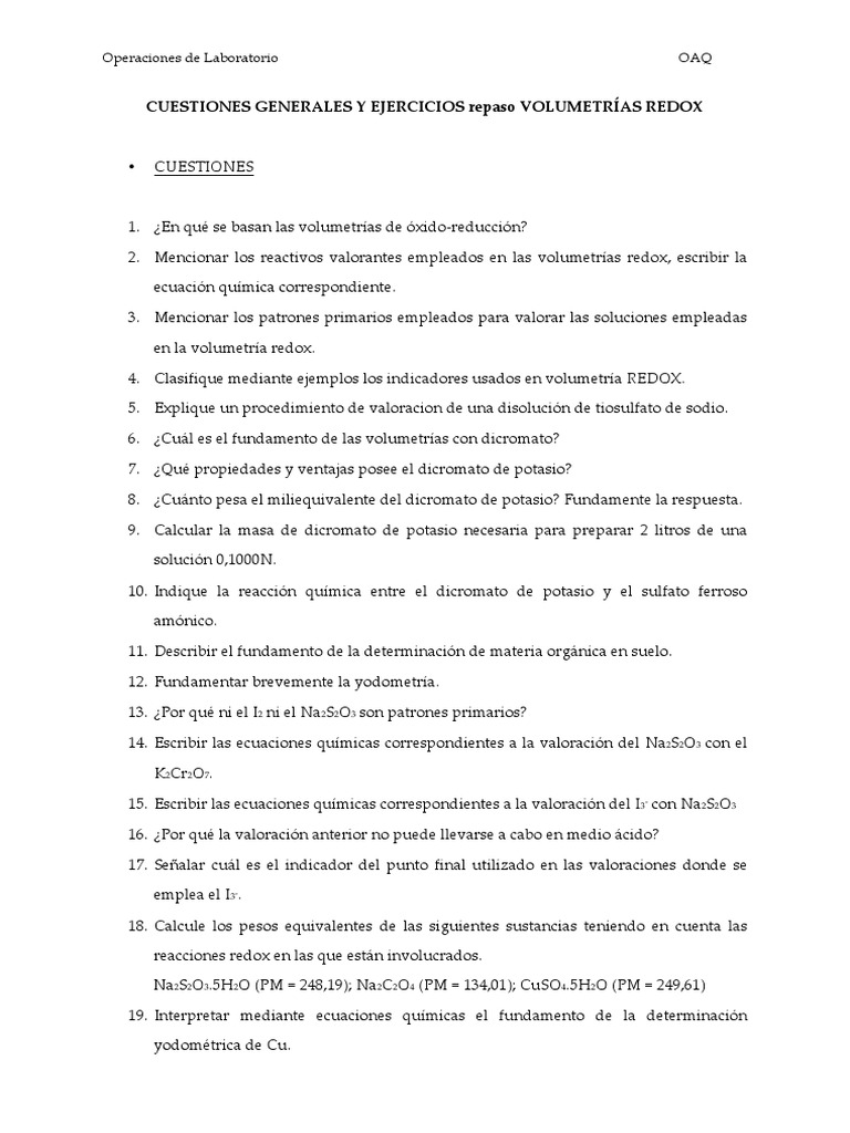3 Cuestiones y Problemas Repaso Volumetrías REDOX | PDF | Valoración | Química