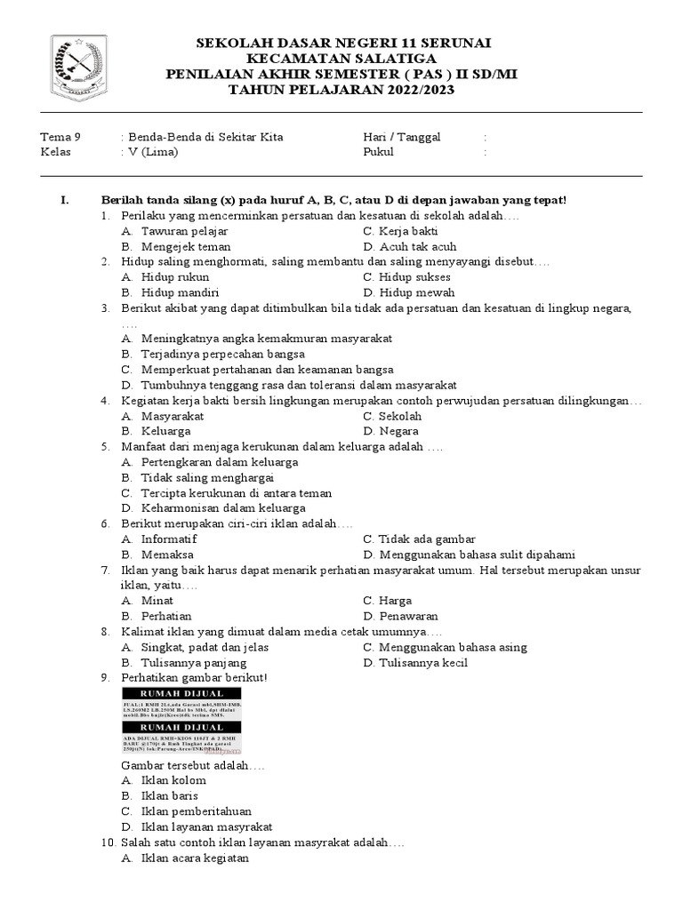 Soal Pas Tema 9 Kelas 5 | PDF
