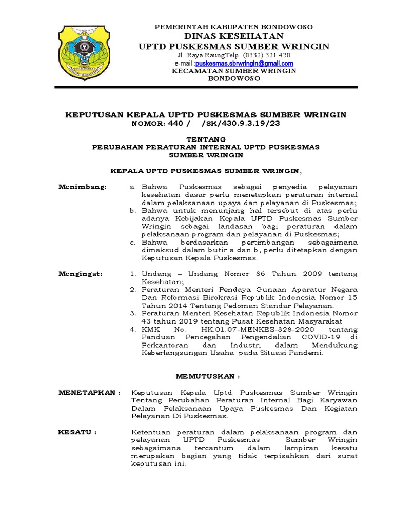 SK Per Juli Kepala Puskesmas Tentang Peraturan Internal 2022 | PDF | Kesehatan Holistik