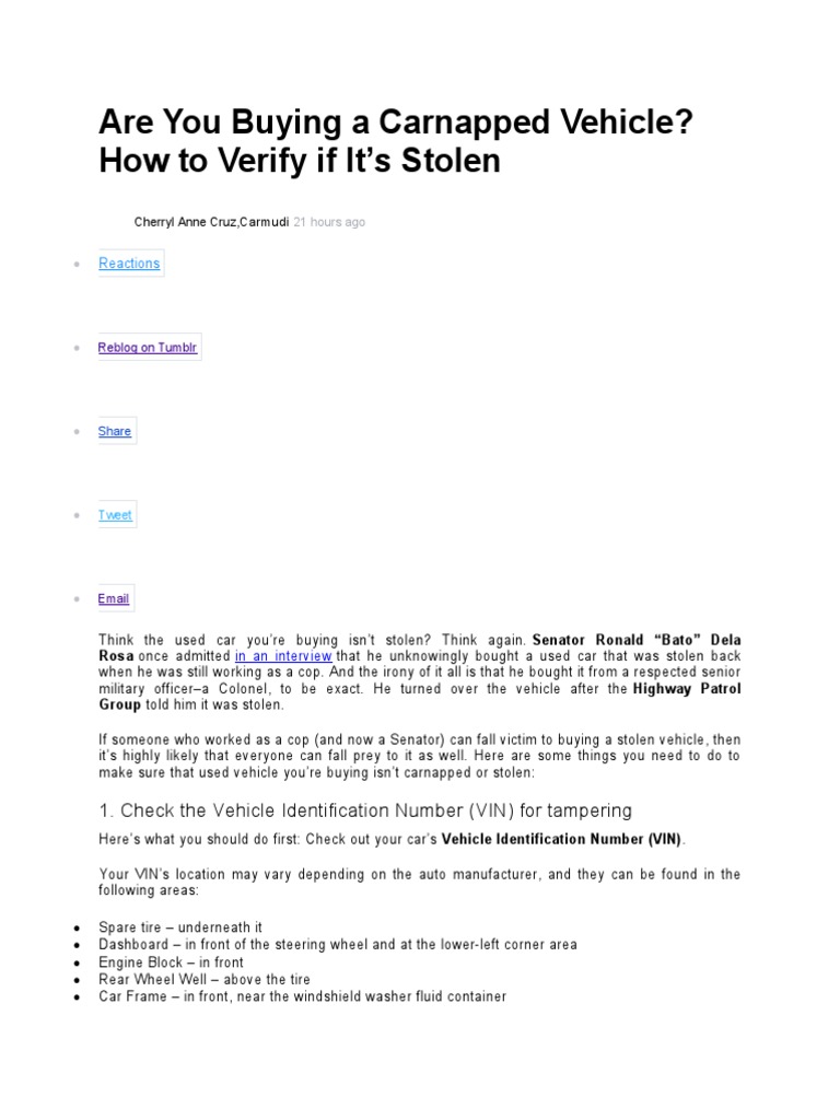 Are You Buying A Carnapped Vehicle | PDF | Car | Automotive Technologies