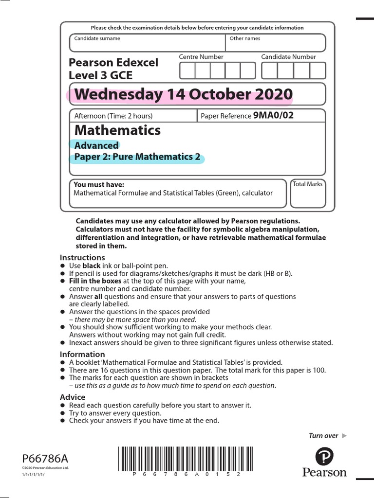 October 2020 Pure Paper 2 Written MS | PDF | Equations | Mathematics