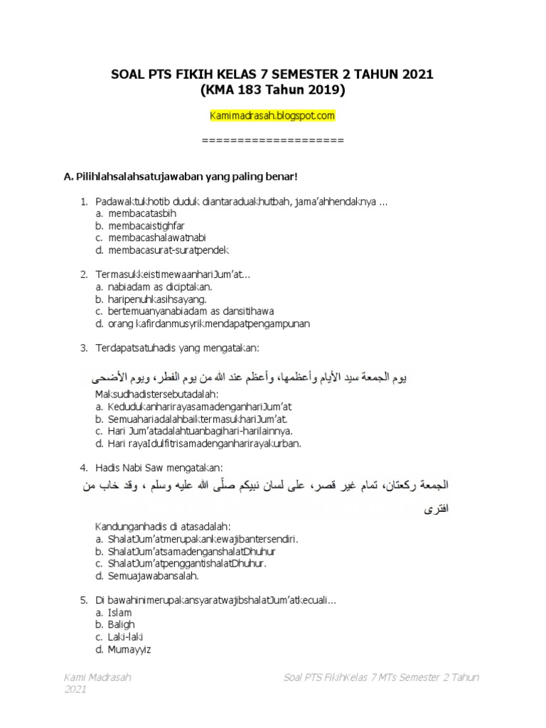 Soal PTS Fikih Kelas 7 Semester 2 | PDF