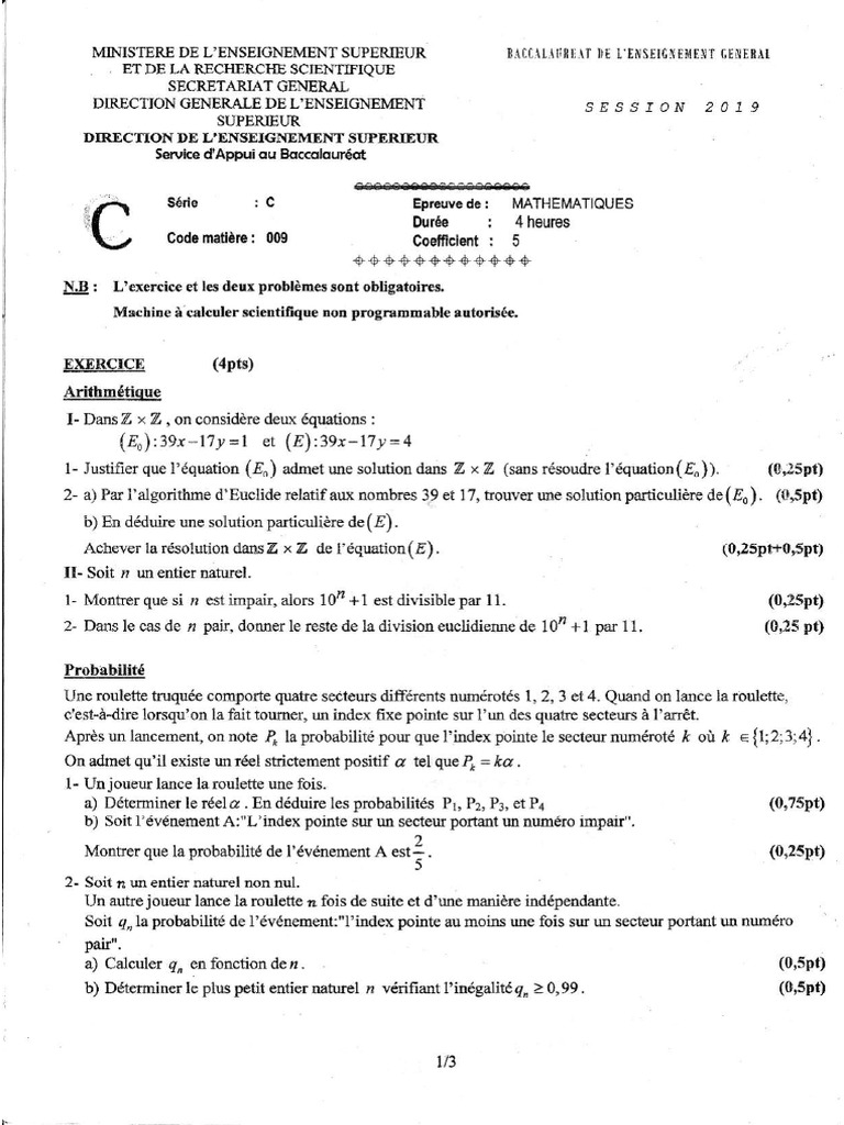 Bacc Maths c 2019 1ere Session | PDF