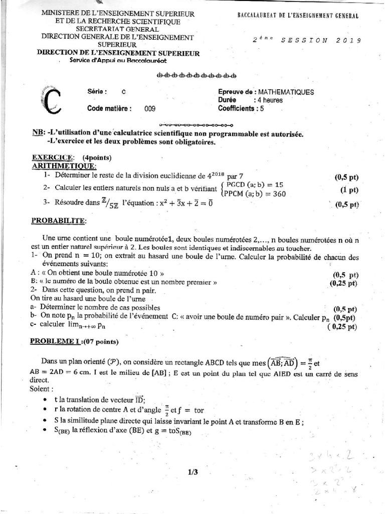 Bacc Maths c 2019 2eme Session | PDF