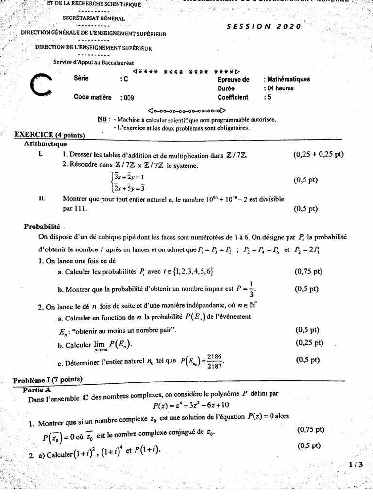 BACC MATHS C 2020 (1) Madagascar | PDF
