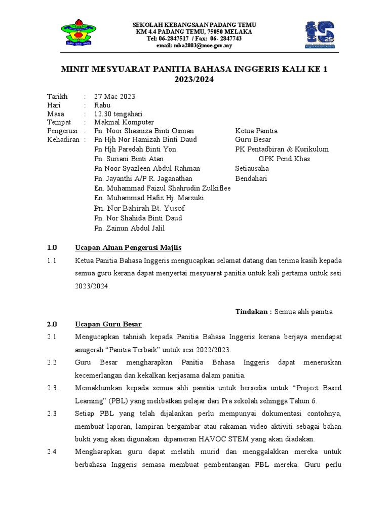 Minit Mesyuarat Bil 1 2023:2024 | PDF