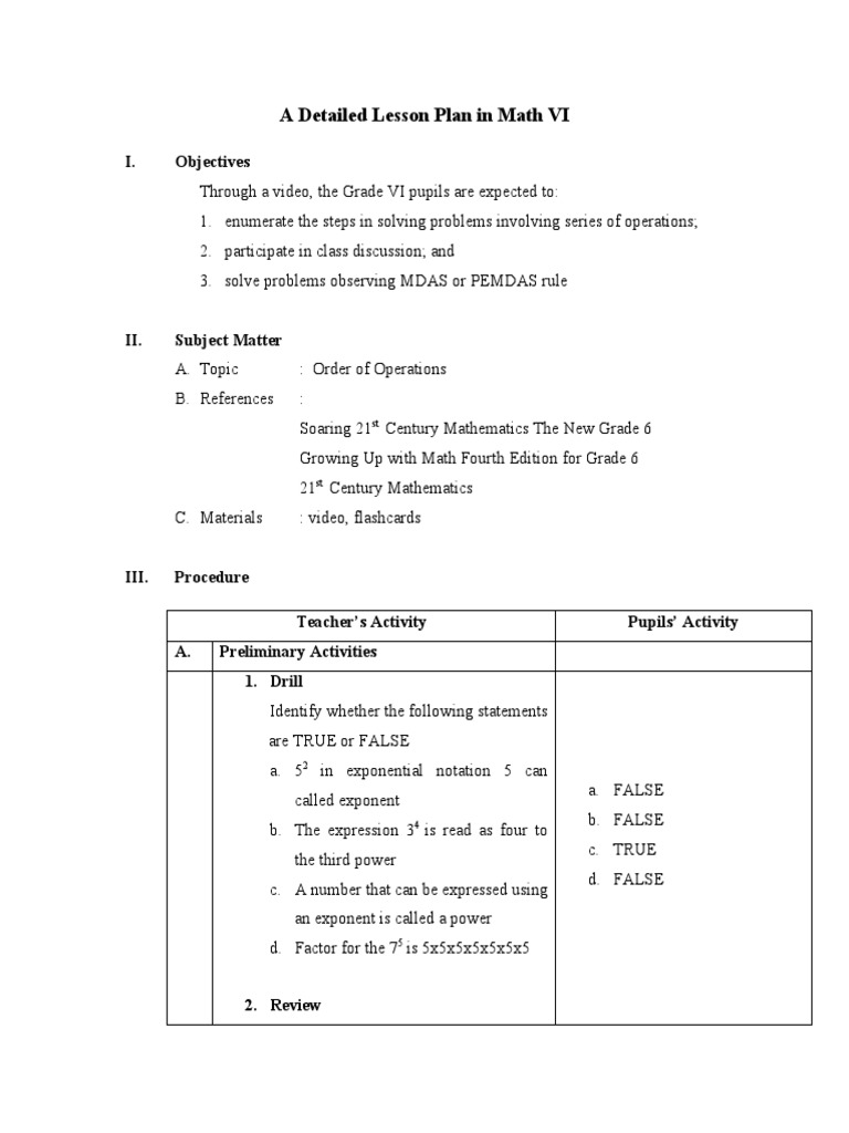 A Detailed Lesson Plan in Math VI (Order of Operations) | Download Free ...