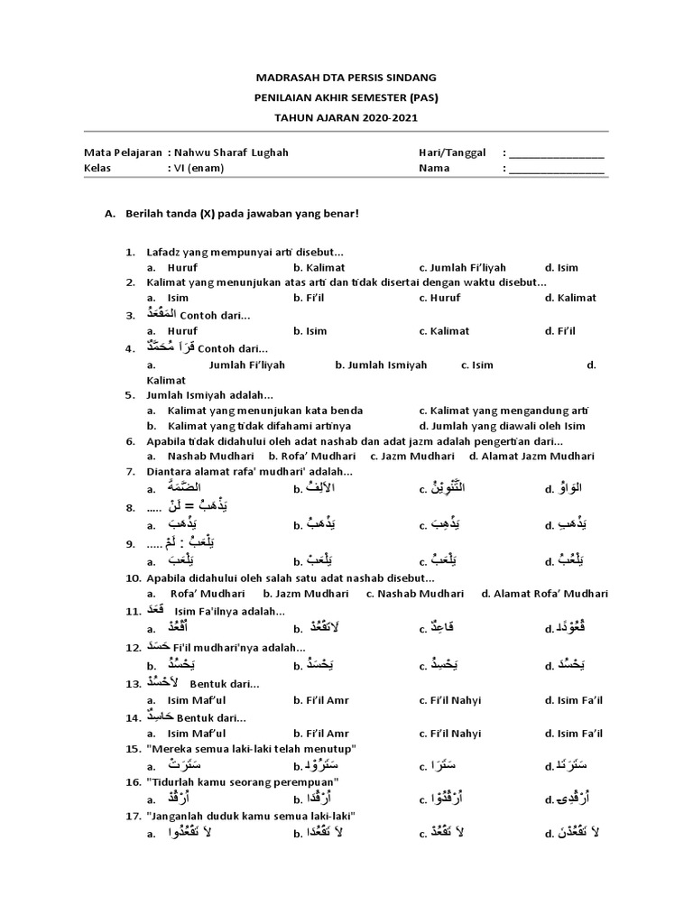 Soal Nahwu Sharaf Kelas 6 2021 | PDF
