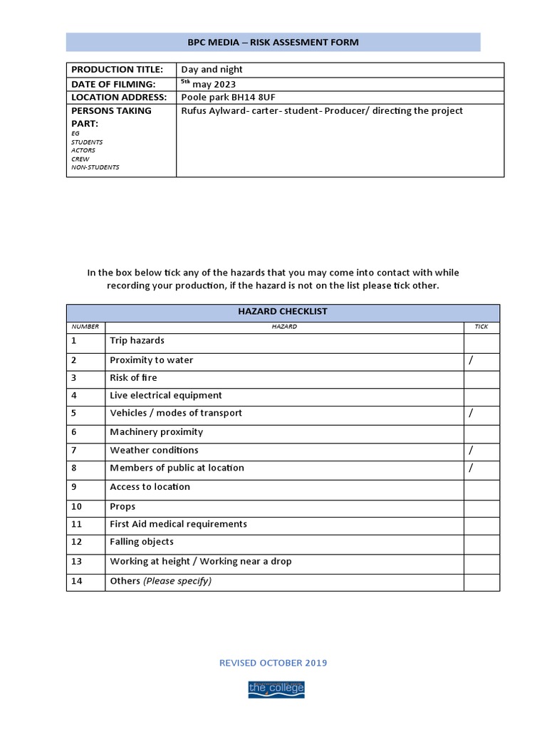 Risk Assessment for Film Production | PDF