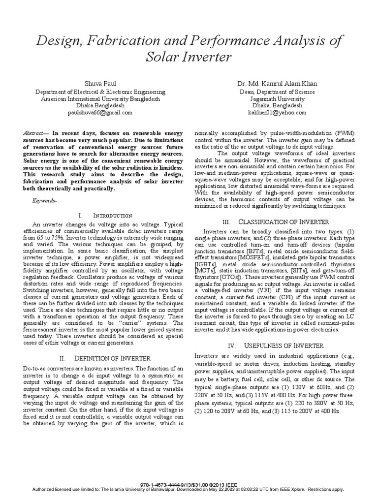 Design Fabrication and Performance Analysis of Solar Inverter | PDF ...