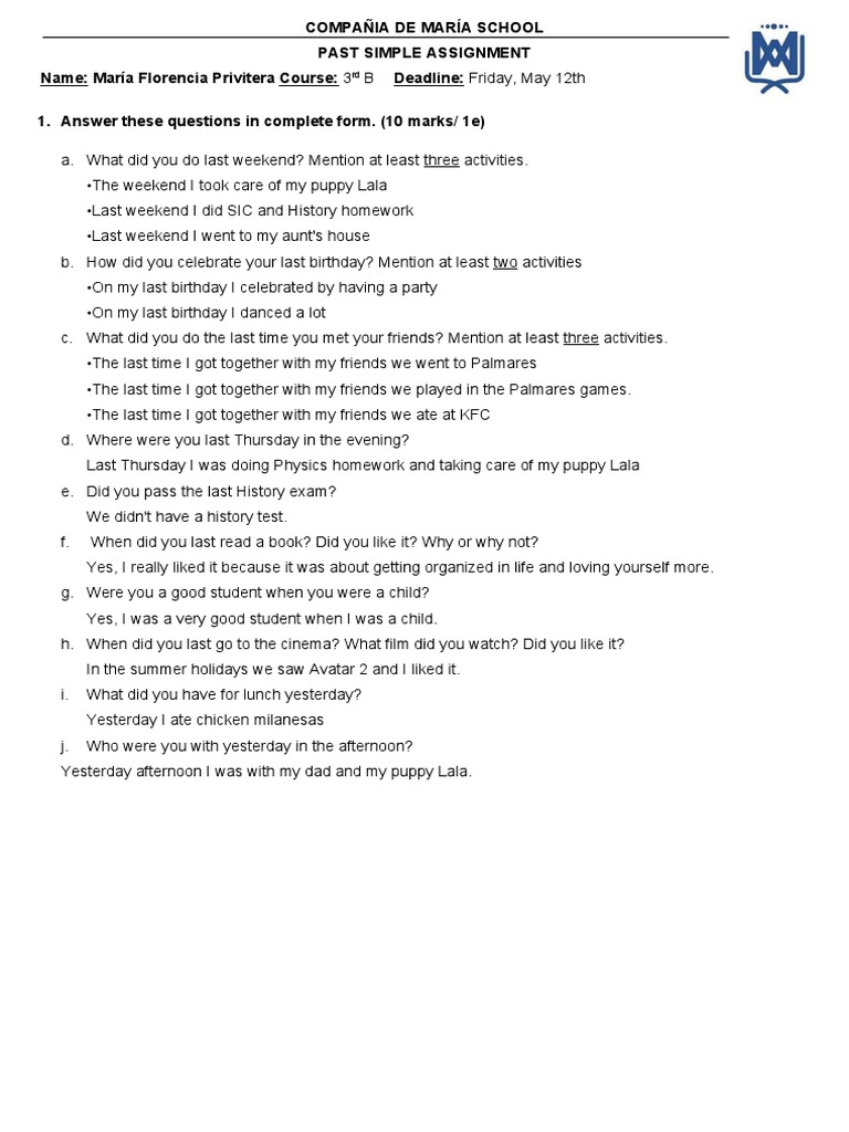 Past Simple Assignment | PDF