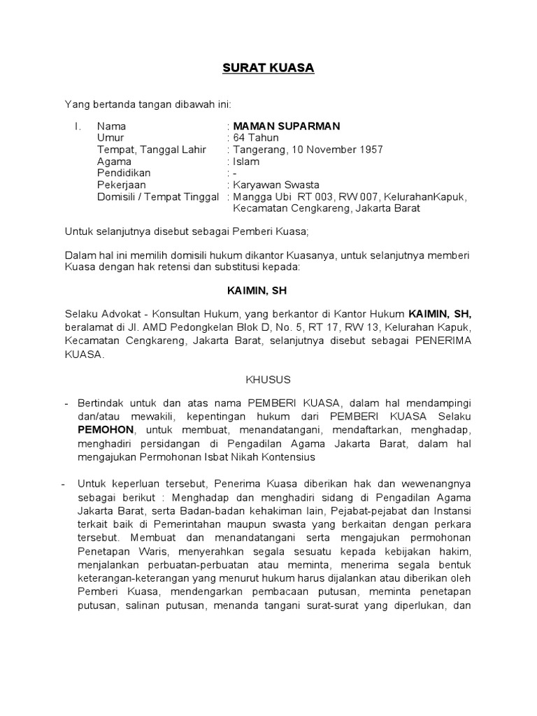 Surat Kuasa Isbat Nikah Kontensius | PDF