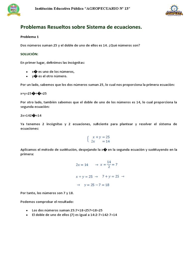Problemas Resueltos Sistema de Ecuaciones | PDF | Ecuaciones | Sistema de ecuaciones lineales