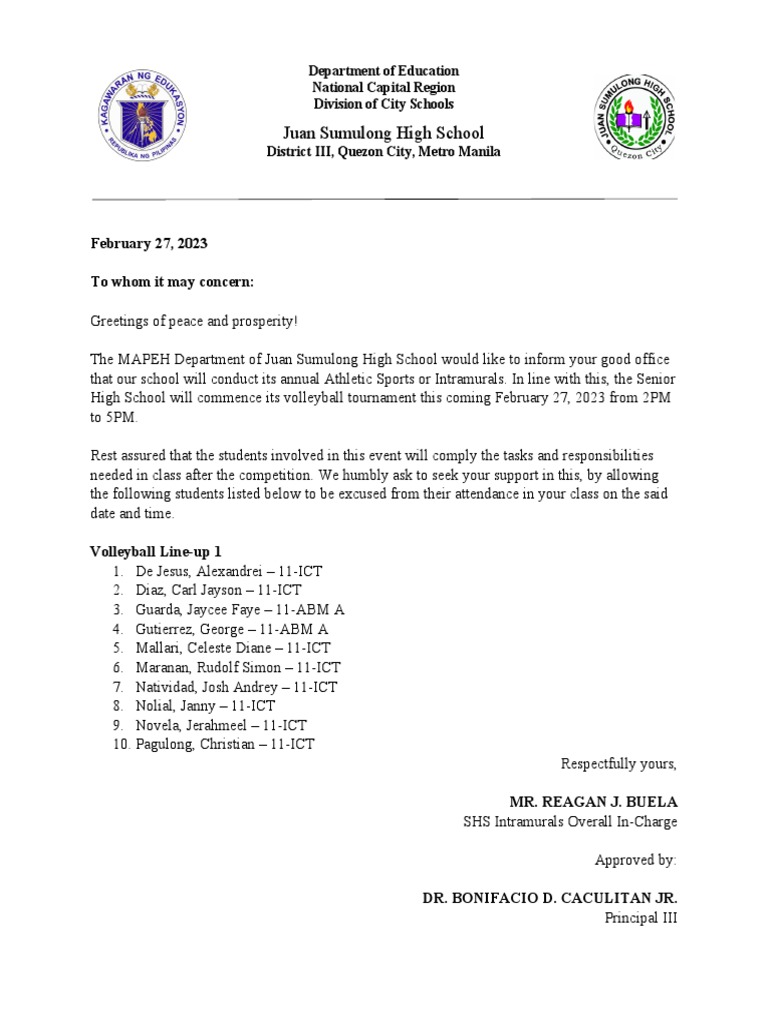 SHS Intramurals Excuse Letter 2023 | PDF | Metro Manila | Asia