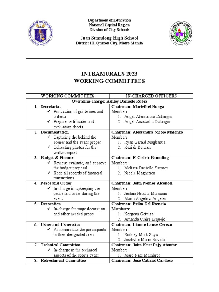 Intramurals 2023 Working Committees | PDF