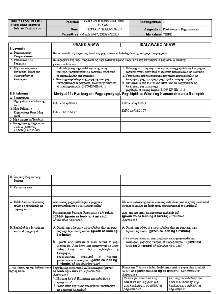 Daily Lesson Log In Esp9 Week 5 Pdf
