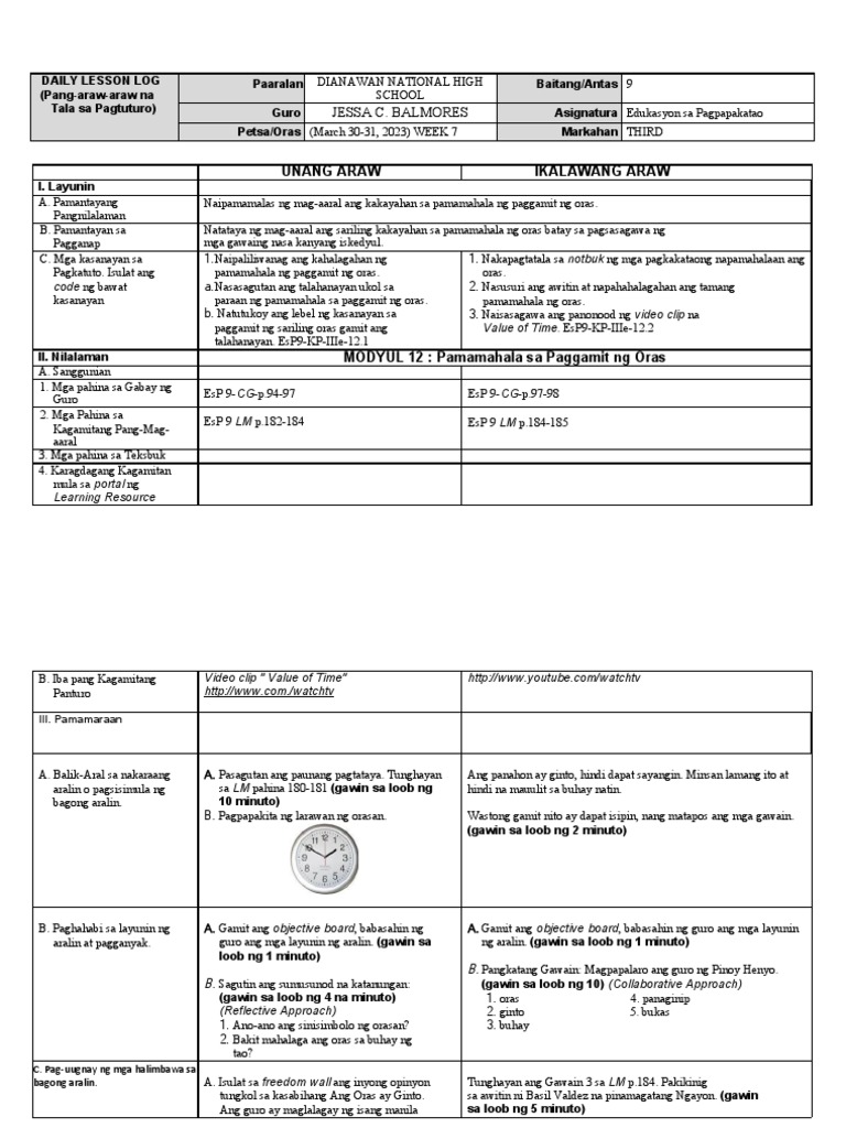 Daily Lesson Log in Esp9 Week 7 | PDF