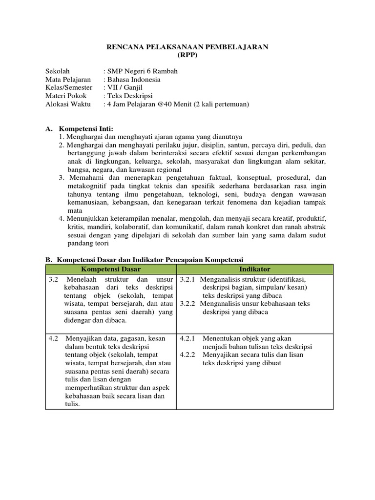 RPP Teks Deskripsi Kelas 7 | PDF